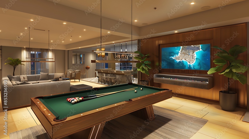 modern game room with a sleek pool table, comfortable seating, and a ...