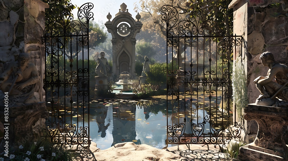 secret garden gate made of wrought iron with intricate designs, leading ...