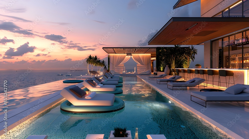 sophisticated poolside lounge with a zero-edge pool, floating sun ...