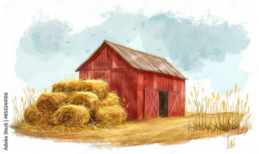 Farm-themed cartoon barn design featuring straw bales and hay piles ...