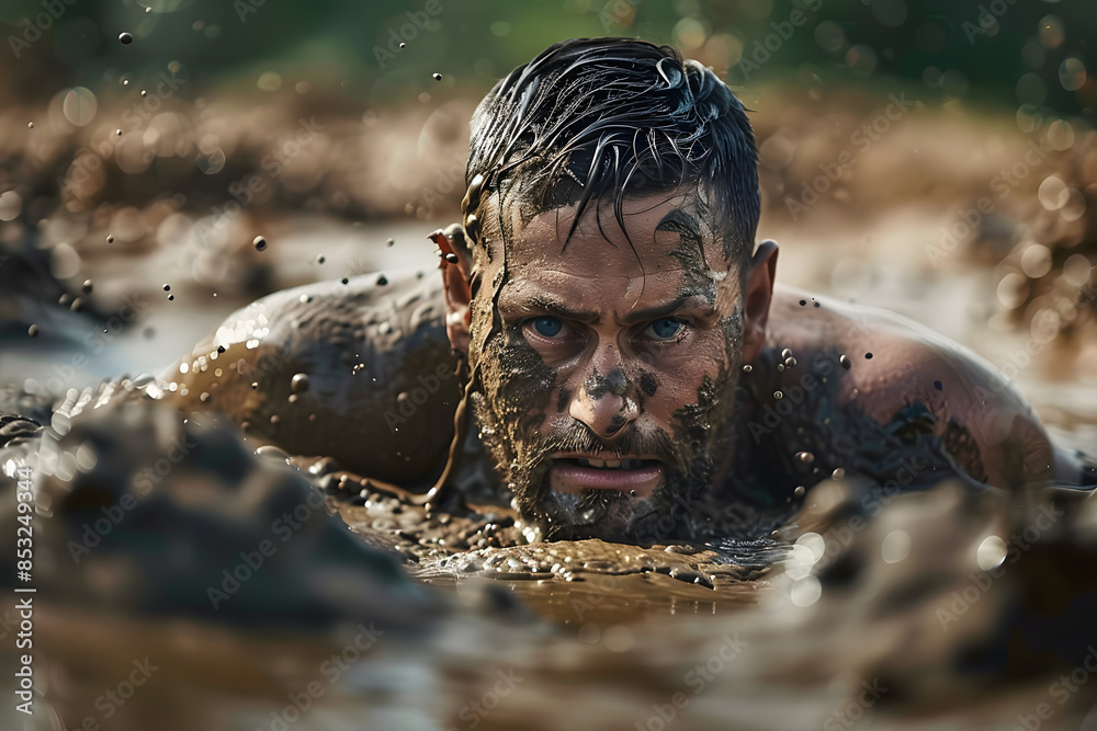 man in mud obstacle course Stock Photo | Adobe Stock