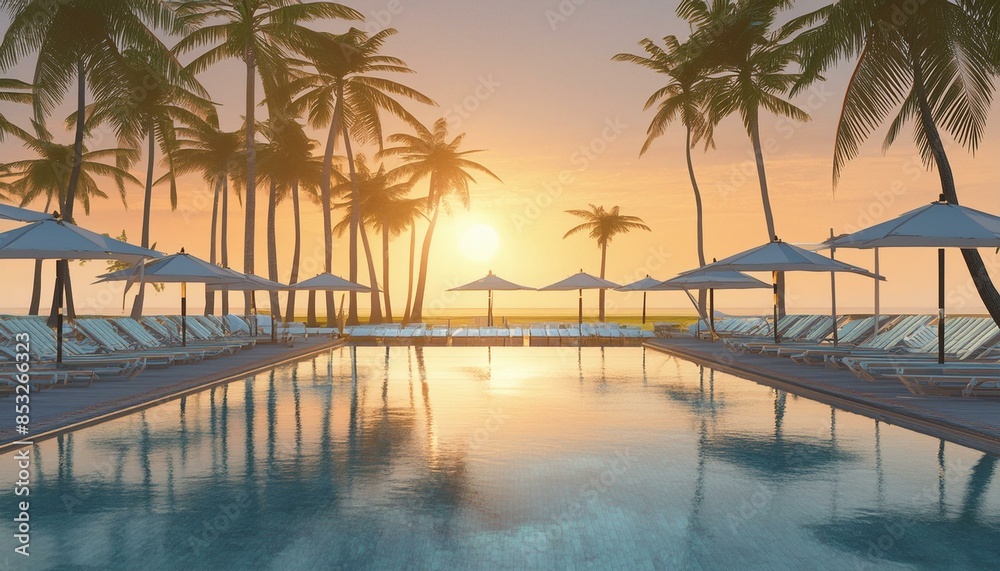 Idyllic sunset beach scene, infinity pool in luxury resort, tropical ...