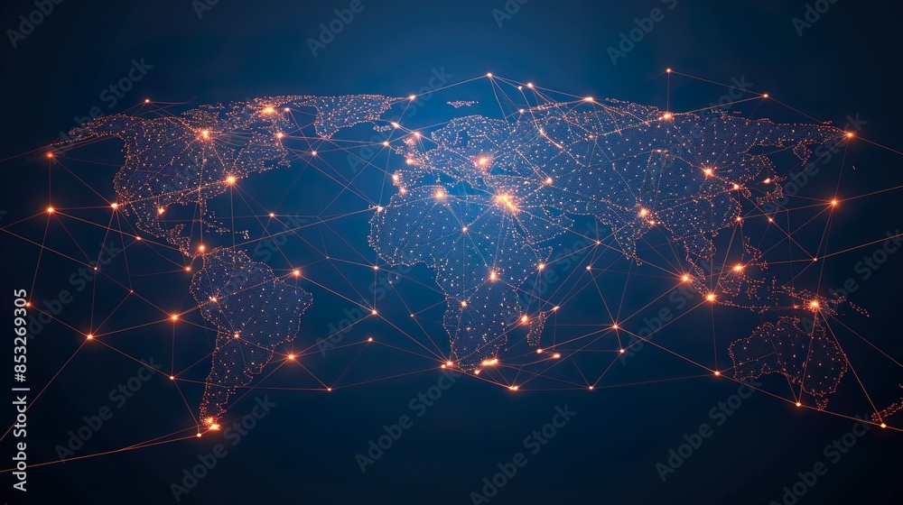 Futuristic Global Network with Digital Points of Light and Connecting Lines on World Map Stock ...