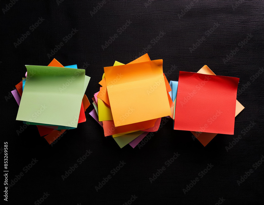 A stack of colorful sticky notes on a black background. The notes are ...