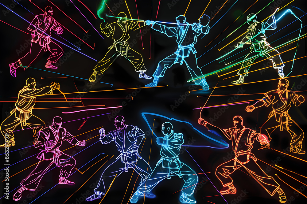 Neon outlines of martial artists in various fighting stances surrounded ...