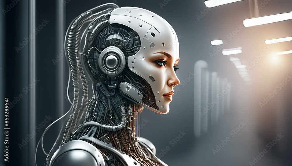Hyperrealistic, super detailed, mechanical robot with human features ...