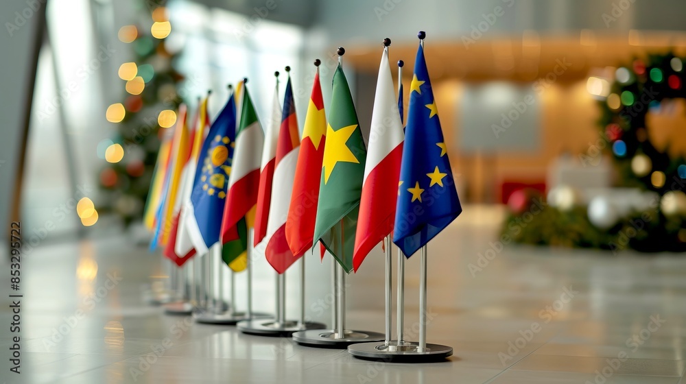 International flags standing in a row in an indoor setting. Flags from ...