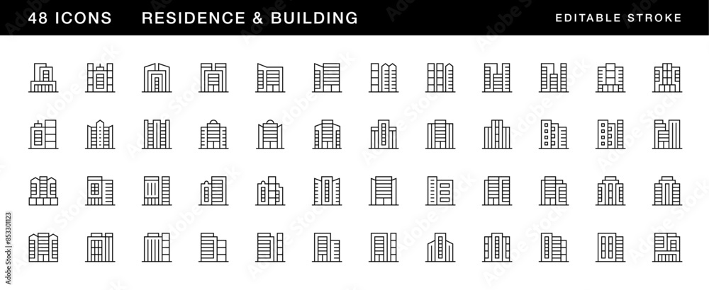 Residence icon set. Building icon collection. Apartment complex ...