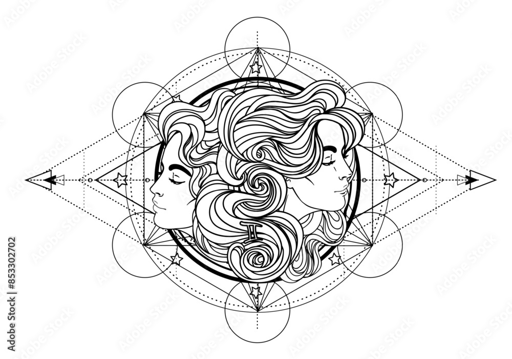 Illustration of Gemini astrological sign as a beautiful girl over ...