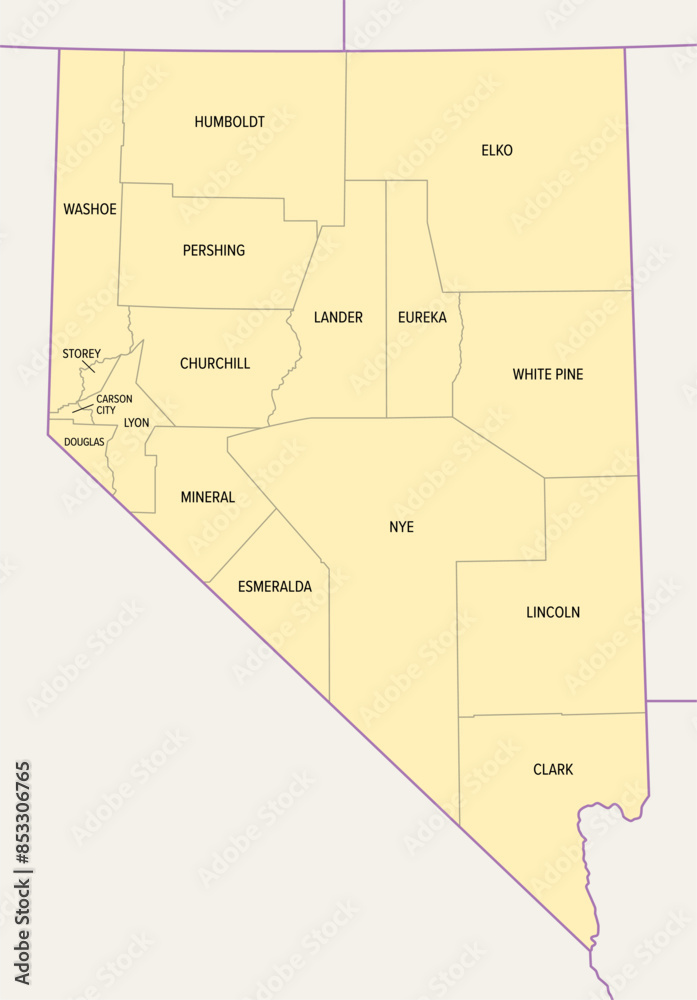 Nevada state counties, political map. A landlocked state in the Western ...