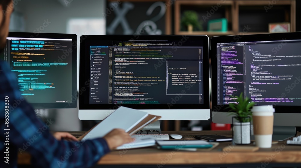 A focused software developer codes on a dual monitor setup in a modern ...