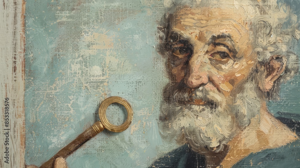 An antique painting of Apostle Peter holding a golden key, depicting ...