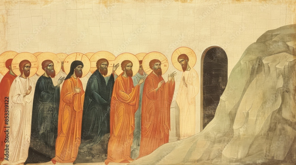 An antique painting of the Raising of Lazarus, with Jesus standing ...