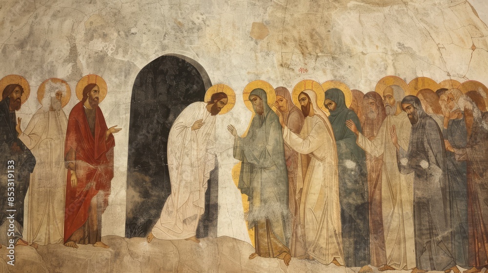 An antique painting of the Raising of Lazarus, with Jesus standing ...
