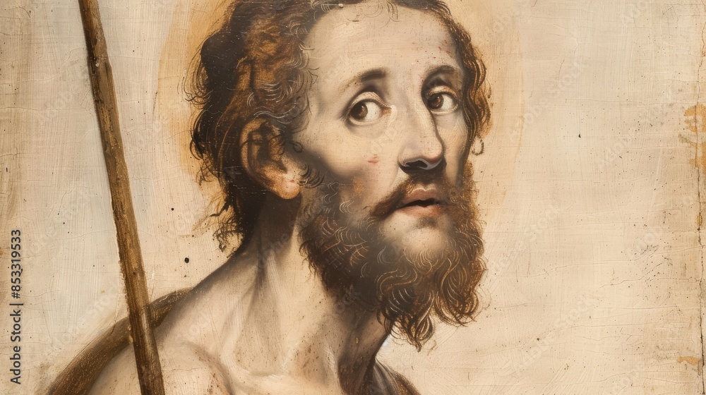 An antique painting of John the Baptist wearing a camel hair garment ...