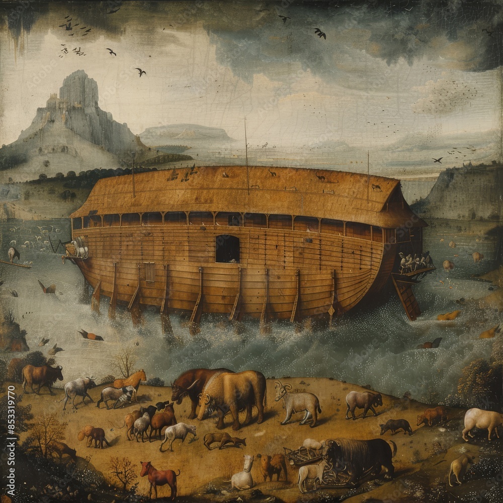 An antique painting of Noah's Ark on the waters, with animals boarding ...