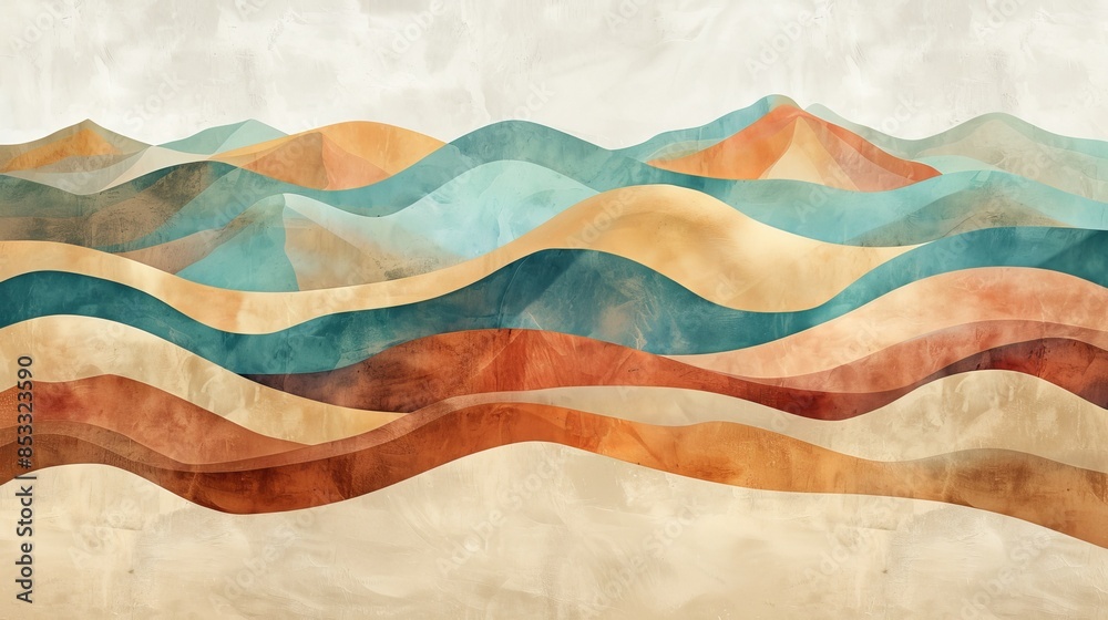 Hills depicted in a 3D mural style, using basic shapes and lines, soft ...