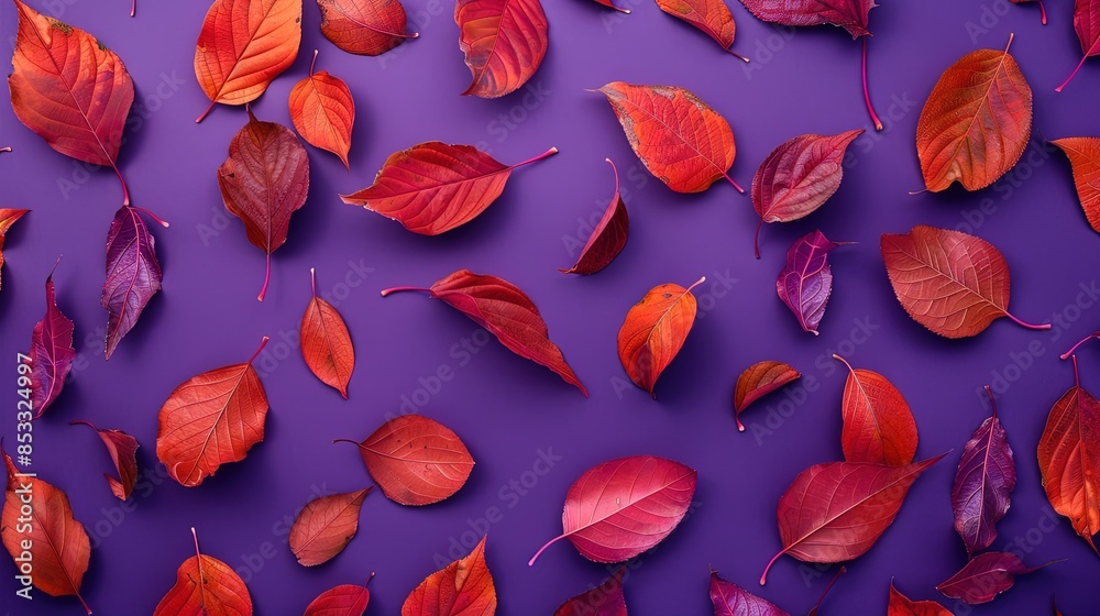 Red autumn leaves on purple background, with varying shapes and veins ...