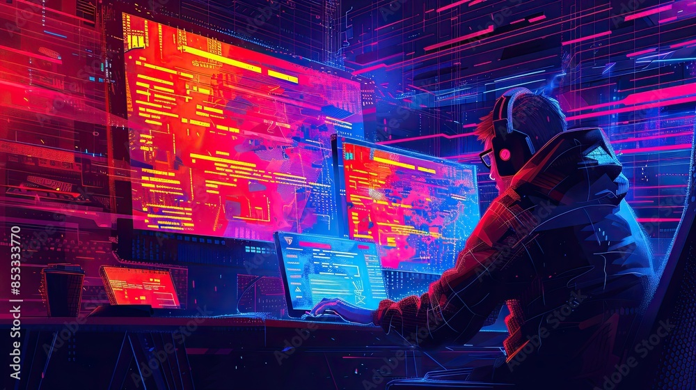 Illustration of a Phishing Attack: Hacker at a Computer and Victim ...