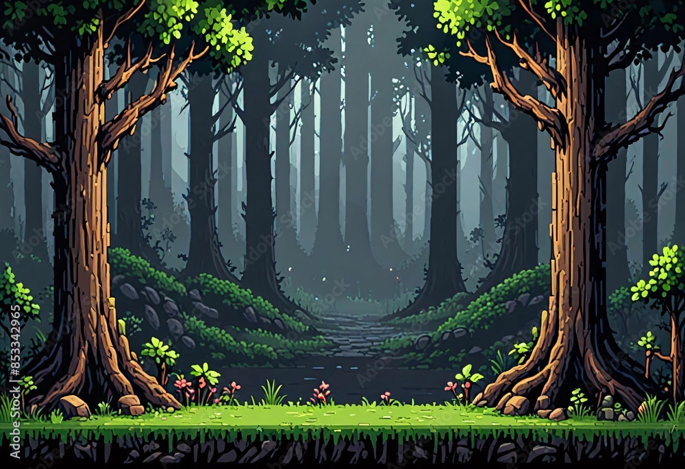 asset for a bit pixel platform mobile game,dirt grass wood tree bush ...