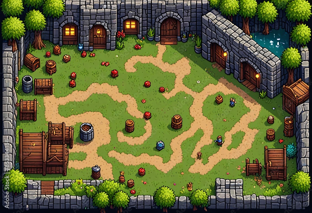 asset for a bit pixel platform mobile game,dirt grass wood tree bush ...