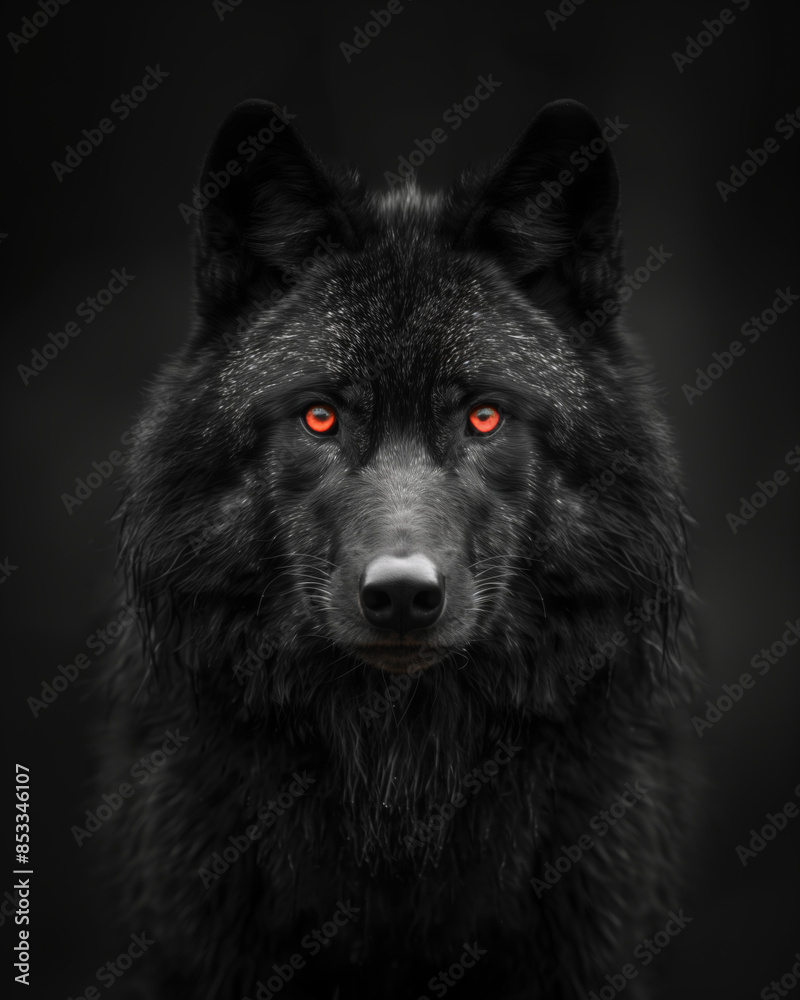 Mesmerizing black and white portrait of a black wolf with piercing red ...