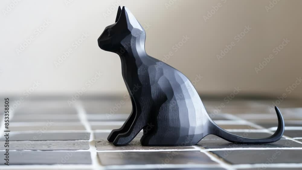 Stylized geometric black cat figurine on a tiled surface, highlighting ...