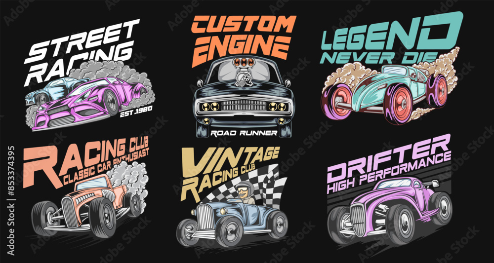 Retro racing car t shirt designs bundle, car vector set, Classic car ...