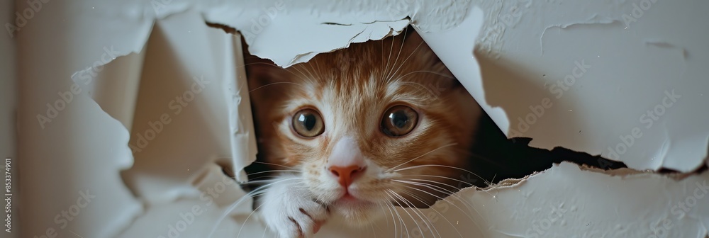 paper stuck to an office wall in front of a cat's face. The paper have ...