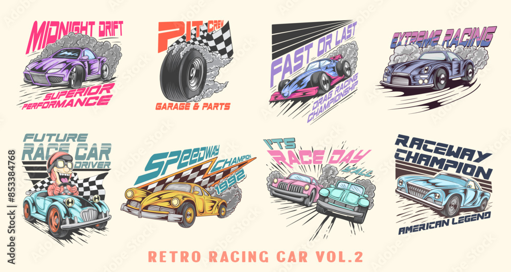 Retro racing car t shirt designs bundle, Classic car vector set ...