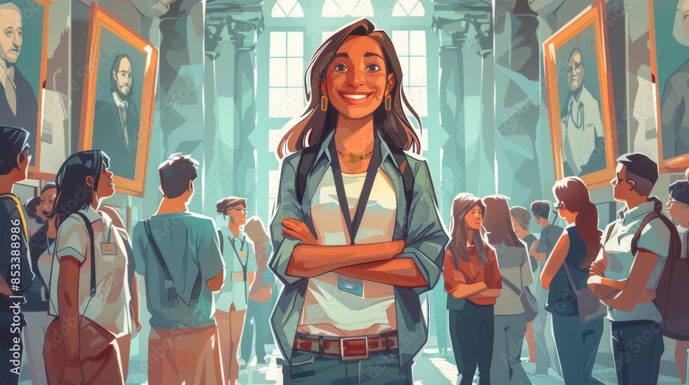 cheerful tour guide standing at the entrance of a museum, warmly ...