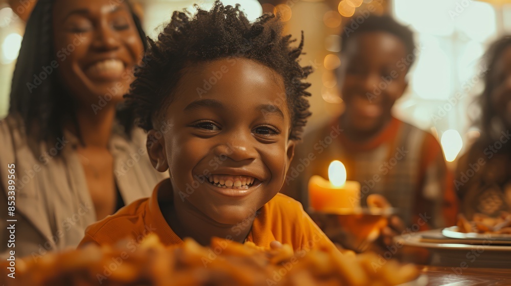 family gathered around a table, congratulating a young boy on winning a ...