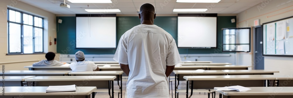 Teacher overlooking classroom from back - Teacher standing in front of ...