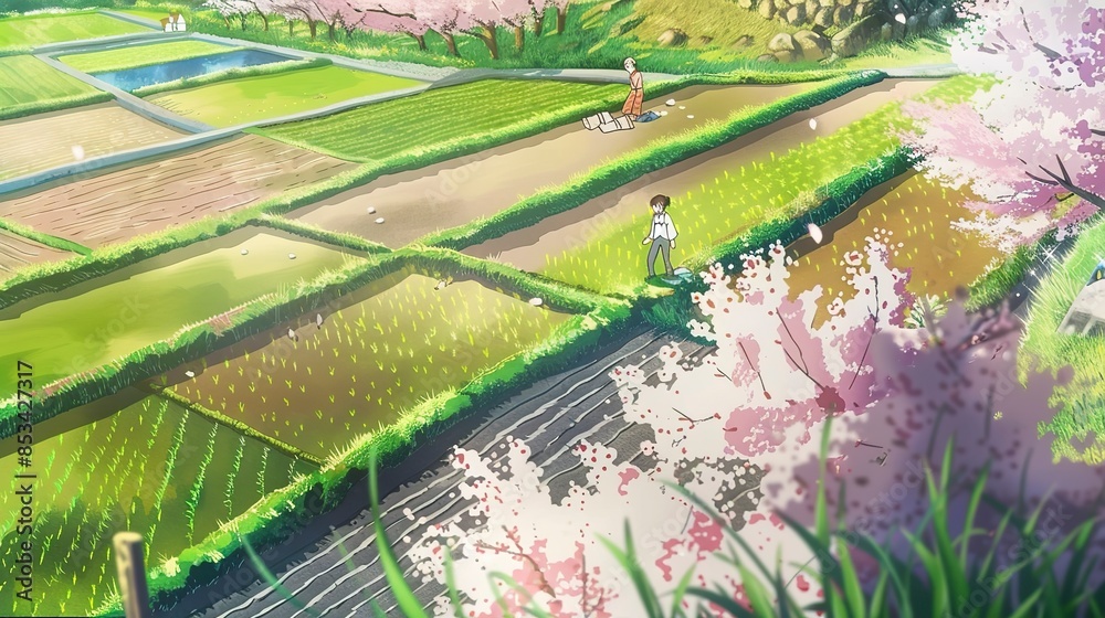 Springtime anime rice field, vibrant greens, cherry blossoms in the ...