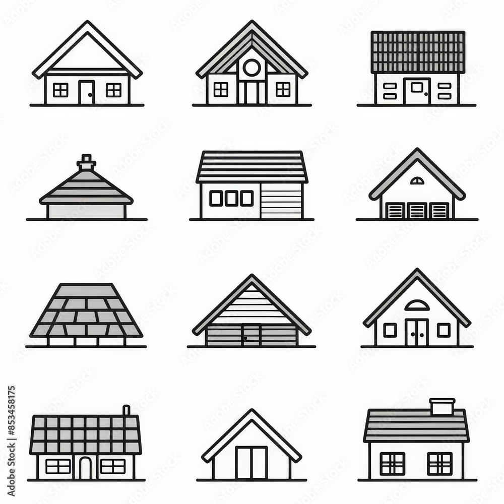 Elegant icons showing various roofing styles from flat roofs to pitched roofs in a thin line ...