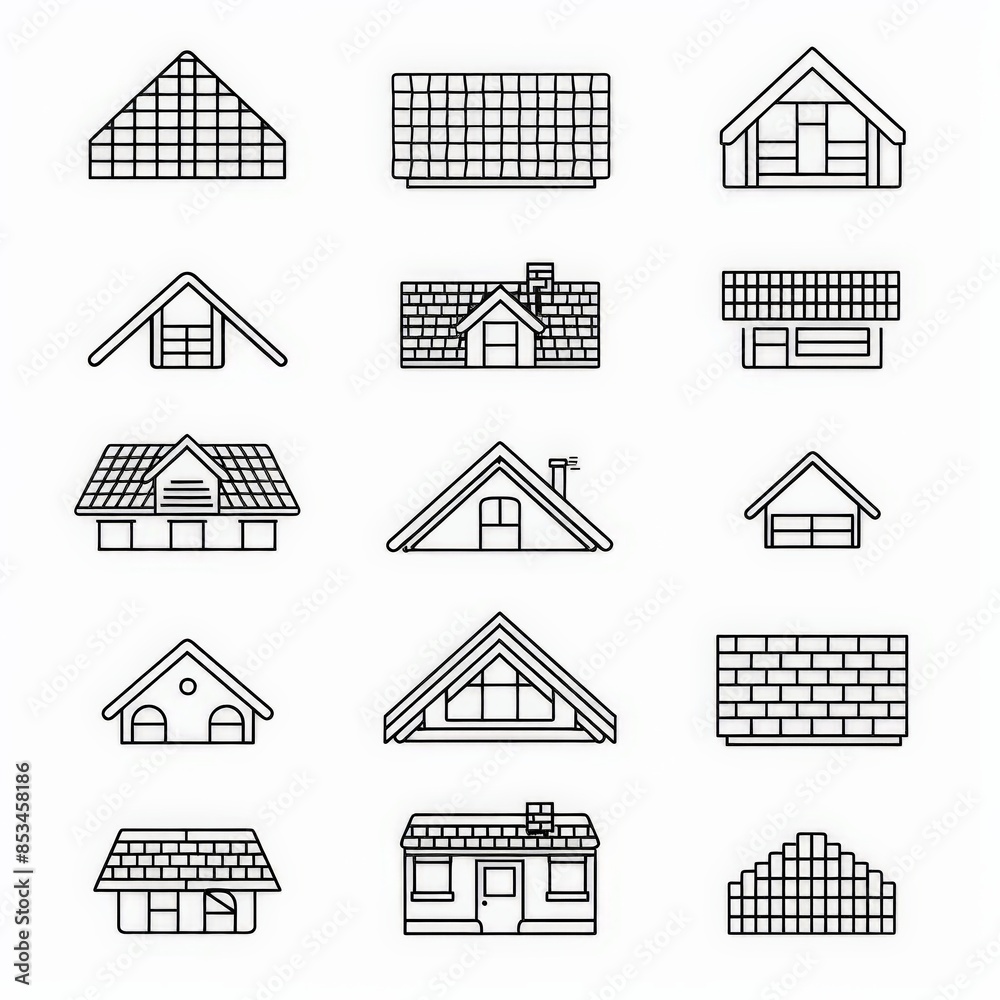 Elegant icons showing various roofing styles from flat roofs to pitched ...