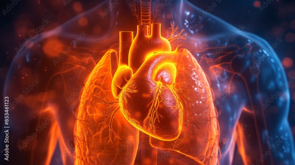 Precise medical illustration of the human heart within a transparent ...