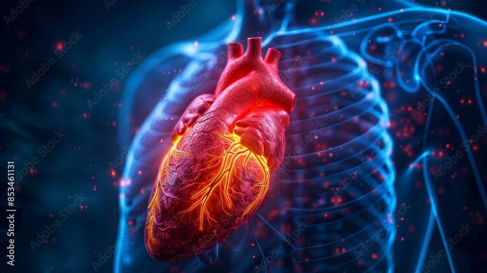 A medical illustration of the human heart within a transparent chest ...