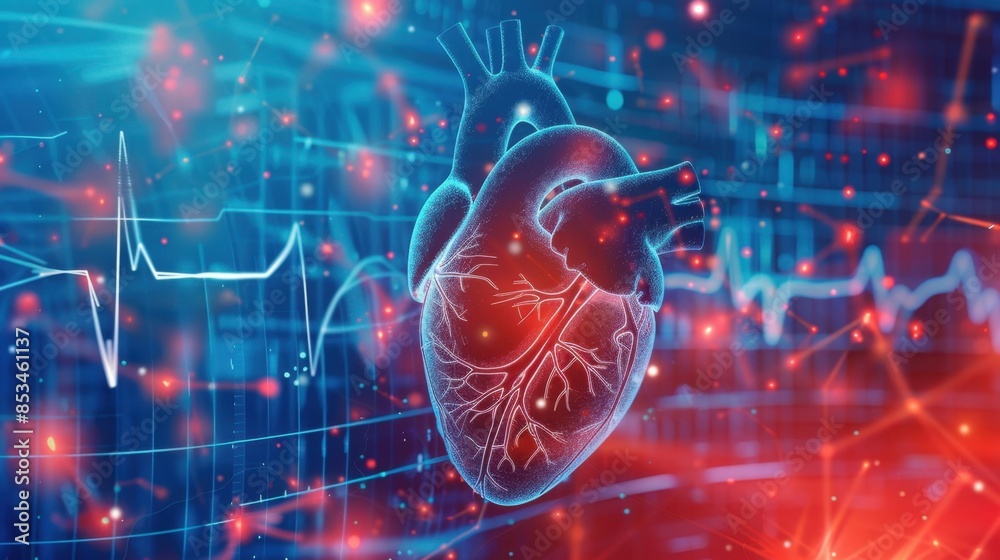 Digital representation of a human heart with ECG line, emphasizing ...