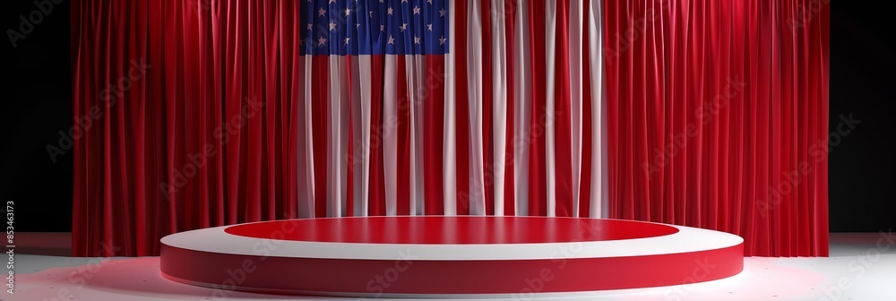 Red-curtained stage with American flag background - A stage with rich ...