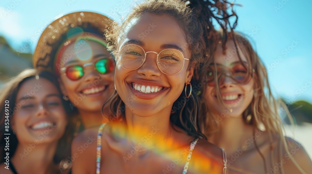 Diverse group of happy female friends of different races & ethnicies ...