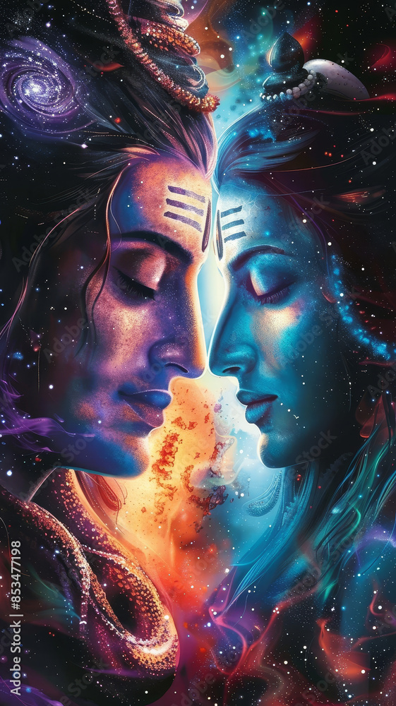 Cosmic Embrace of Shiva and Shakti - A digital artwork portrays Shiva ...