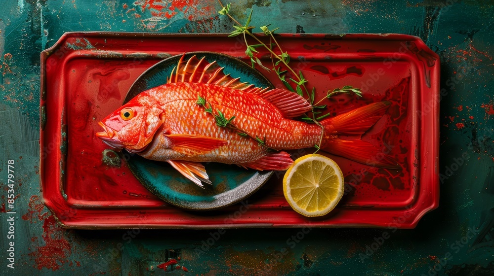 Red snapper placed on a striking red plate, artistically arranged ...
