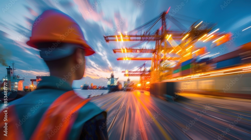 Port worker with hard hat and safety vest overseeing the operation of ...