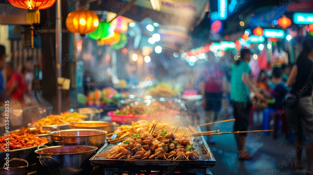 Traditional food stall serving hot grilled food, neon lights creating a ...