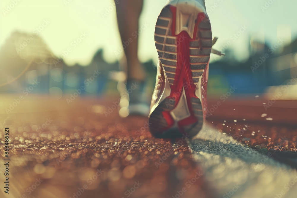 Closeup of an athlete's feet running on the track, focusing on shoes ...