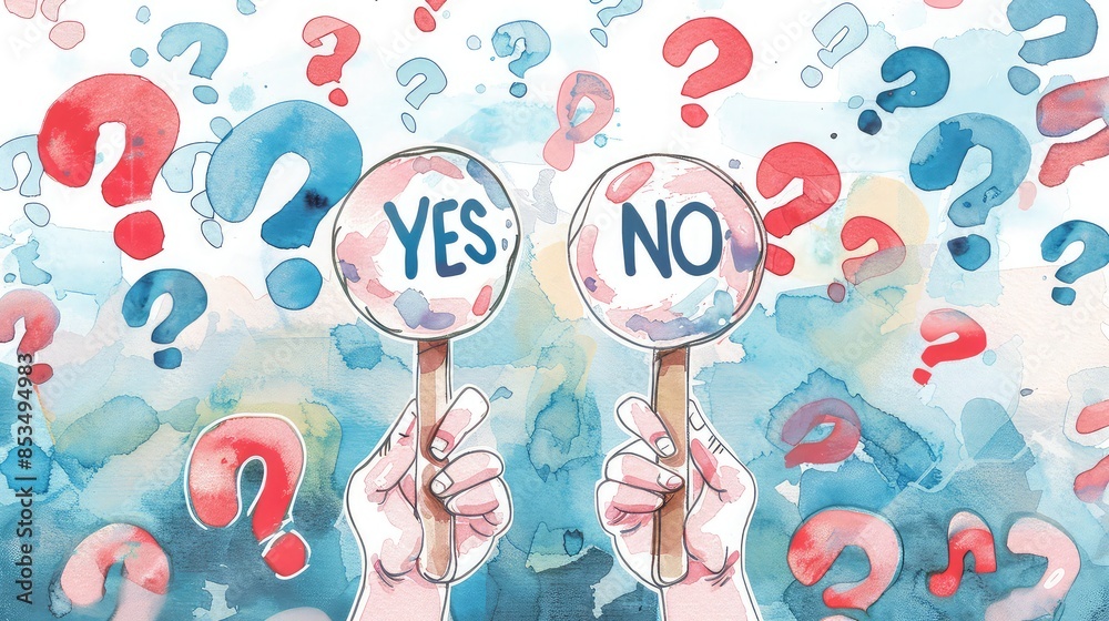 Human holding "YES" and "NO" wooden discs, background filled with ...