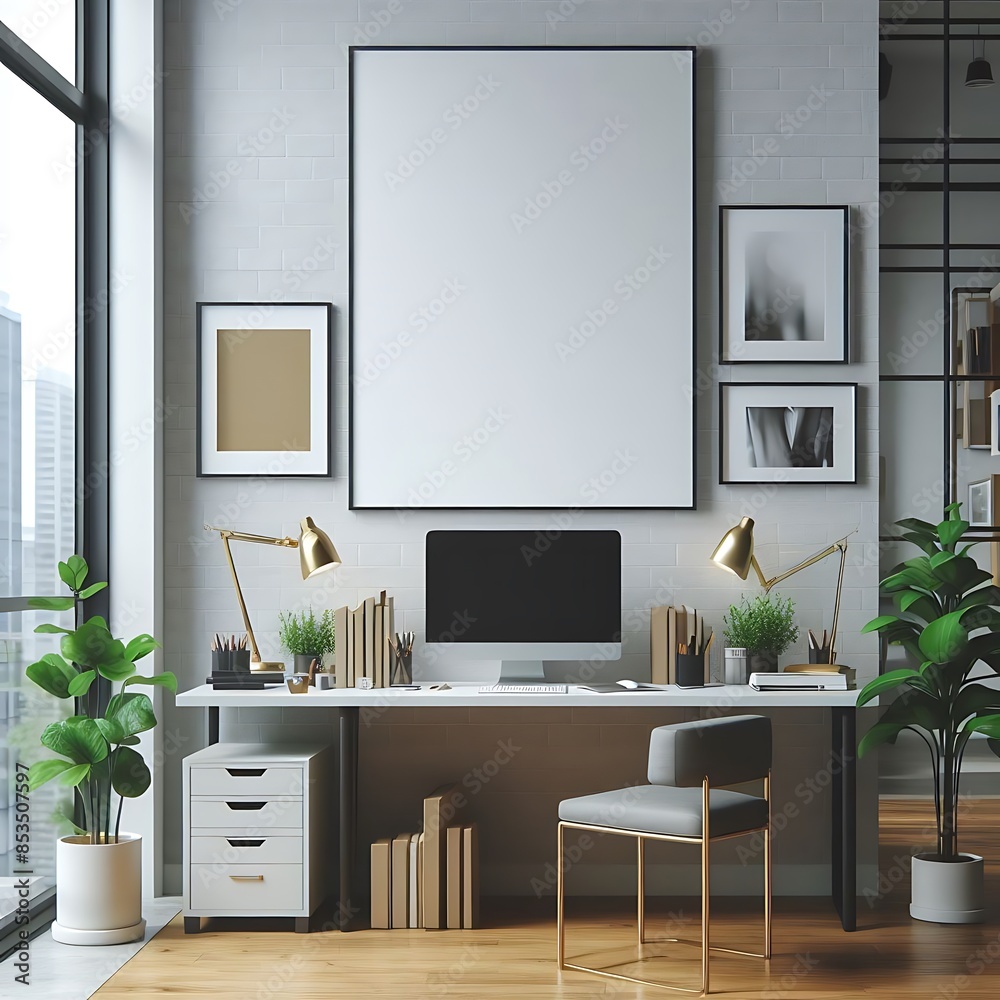 A desk with A chair and poster mockup with poster empty white in work ...