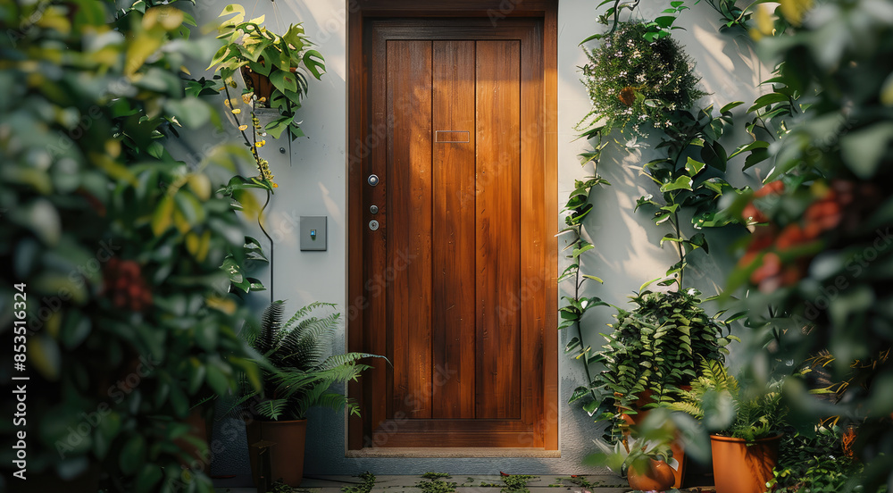 The cozy door of a detached house nestled in greenery. The door is ...