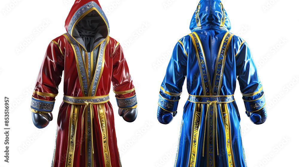 Mockup of a boxing robe with hood, red with golden and blue with silver ...